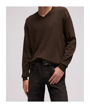 Gucci Ribbed V-neck Sweater With Double G Embroidery - Dark Brown