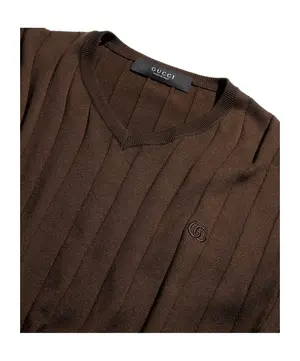 Gucci Ribbed V-neck Sweater With Double G Embroidery - Dark Brown