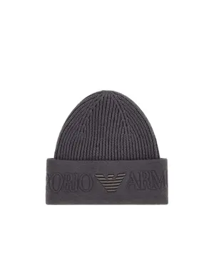 Emporio Armani Ribbed Virgin Wool Beanie Hat - Grey