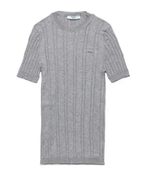 Prada Short-sleeved Ribbed Knit Cotton Sweater - Grey