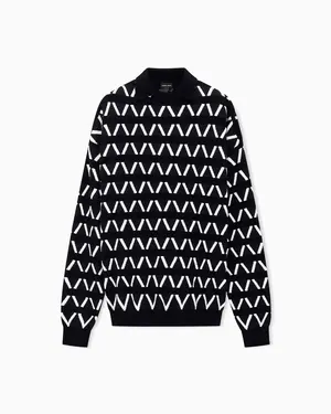 Giorgio Armani Sweater Oversized Jacquard In Virgin Wool And Viscose - Navy Blue