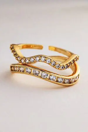 Anthropologie Wavy Cubic Zirconia Stacking Rings In -plated Brass - Gold