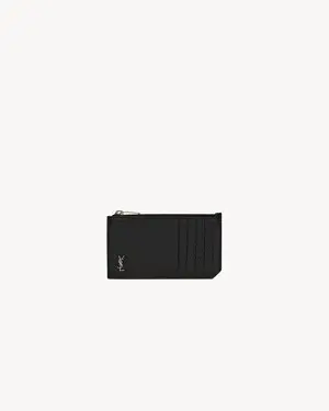 Saint Laurent Tiny Cassandre Fragments Zipped Card Case In Grained Leather - Black