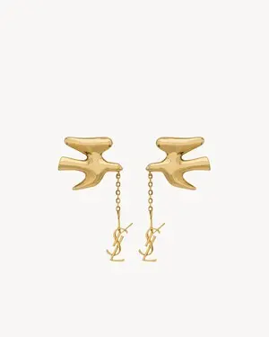Saint Laurent Cassandre Pendant Dove Earrings In Brass - Gold