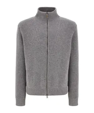 Canali Melange Gray Wool And Cashmere Zippered Cardigan - Grey