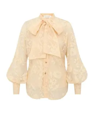 Zimmermann Valiant Lace Pussybow Blouse - Sand