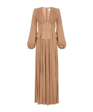 Elisabetta Franchi Pleated Lurex Jersey Maxi Dress With Corset Detail - Nude