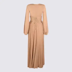 Elisabetta Franchi Pleated Lurex Jersey Maxi Dress With Corset Detail - Nude