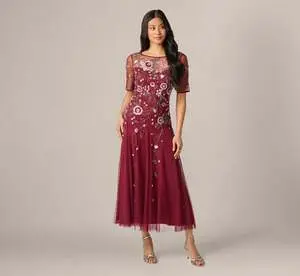 Adrianna Papell Floral Beaded Sequin Ankle Length Dress - Mahogany