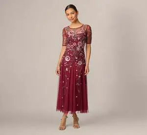 Adrianna Papell Petite Floral Beaded Sequin Ankle Length Dress - Mahogany