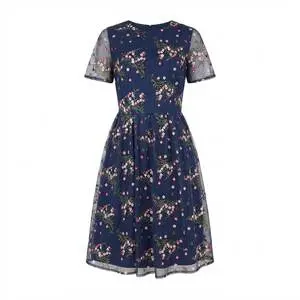YUMI Navy Embroidered Floral Mesh Prom Dress - Blue