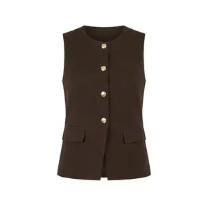 YUMI Sleeveless Longline Button Waistcoat Top - Brown