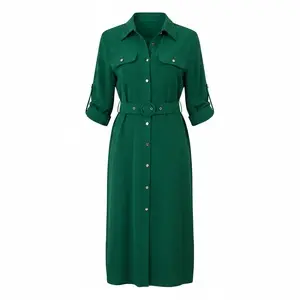 YUMI Stretch Midi Shirt Dress - Green