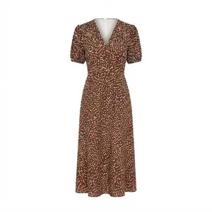 YUMI Spot Print Midi Dress With Puff Sleeves And Split Hemline