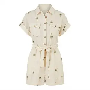 YUMI Embroidered Palm Print Cotton Playsuit