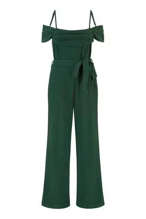 YUMI Sparkle Stretch Bardot Jumpsuit - Green