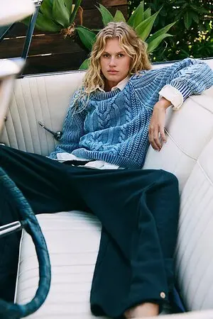 Free People Cable Knit Cotton Pullover Sweater - Blue Quartz