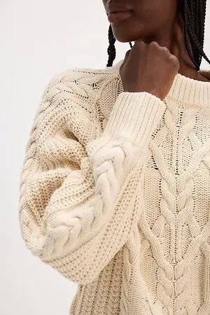 Free People Cable Knit Cotton Pullover Sweater - Cream