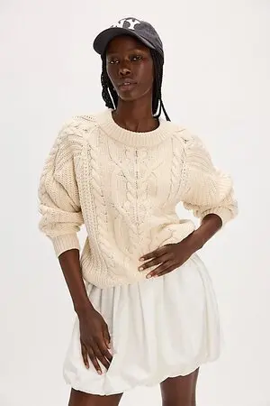 Free People Cable Knit Cotton Pullover Sweater - Cream