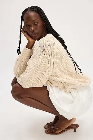Free People Cable Knit Cotton Pullover Sweater - Cream