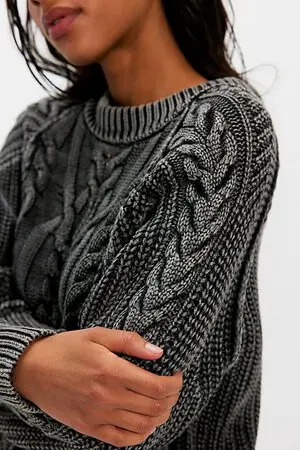 Free People Free People Cable Knit Cotton Pullover Sweater Onyx