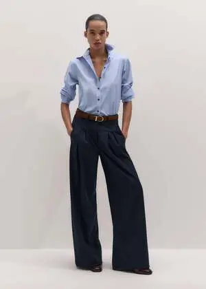 ME+EM Pinstripe Pleat Front Wide Leg Trousers - Navy