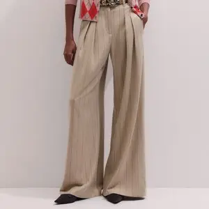 ME+EM Wide-leg Pinstripe Trousers - Latte