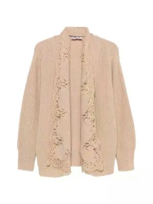ERMANNO FIRENZE Lace Trim Ribbed Knit Cardigan - Neutrals