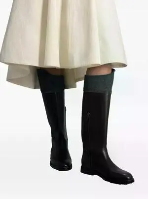 Brunello Cucinelli Leather And Felted Panel Riding Boots With Monili Trim - Brown