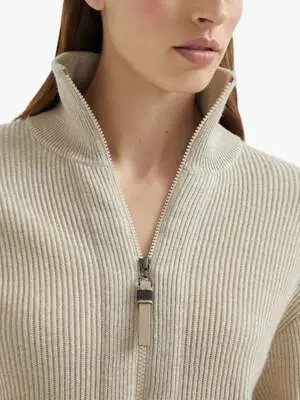 Brunello Cucinelli Sparkling Cashmere High Neck Zip-up Cardigan