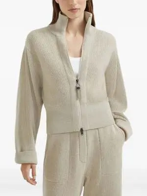 Brunello Cucinelli Sparkling Cashmere High Neck Zip-up Cardigan