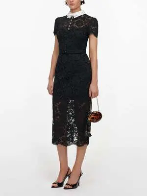 SELF-PORTRAIT Lace Contrast Collar Midi Dress - Multicolor
