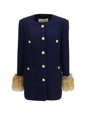 Valentino Garavani Wool Tweed Caban Coat With Shearling Cuffs - Blue