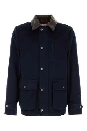 Brunello Cucinelli Navy Wool Jacket With Leather Collar - Blue