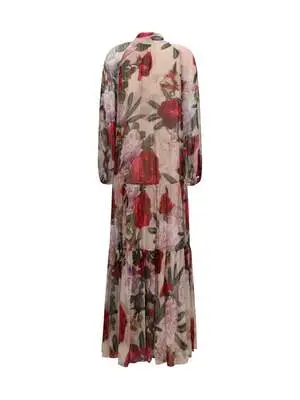NISSA Long Printed Silk Dress With Scarf Detail