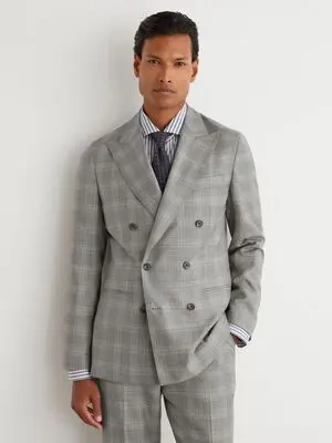 REISS Steal Wool Check Double-breasted Suit Blazer Classic-fit - Light Grey