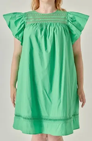 English Factory Lace Yoke Ruffle Sleeve Mini Dress