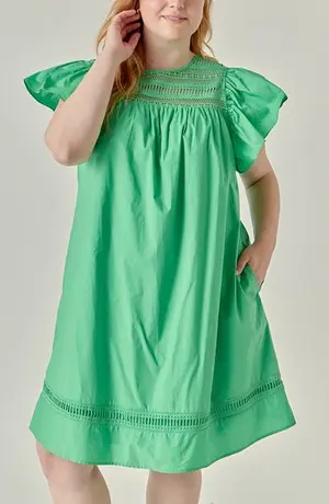 English Factory Lace Yoke Ruffle Sleeve Mini Dress