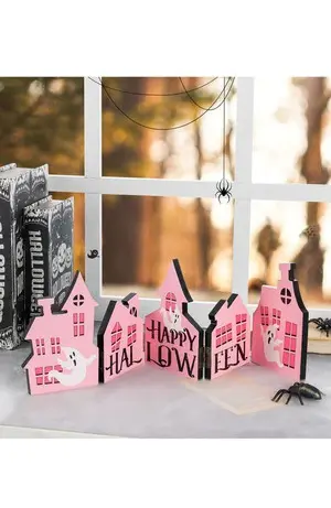 GLITZHOME Halloween Wooden Hinged Haunted House Table Decor - Pink