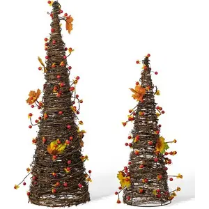 GLITZHOME 24"h Set Of 2 Fall Ratten Berries And Maple Leaves Table Tree - Orange