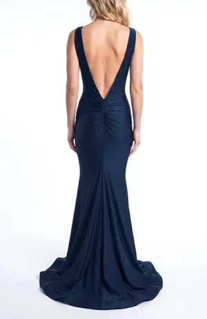 JESSICA ANGEL Plunging Low-back Mermaid Evening Gown With Train - Navy