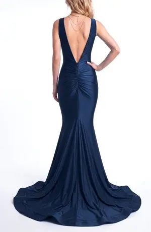 JESSICA ANGEL Plunging Low-back Mermaid Evening Gown - Navy