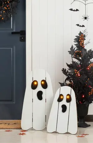 GLITZHOME Set Of 2 Halloween Lighted Wooden Ghost Porch Decor With Timer