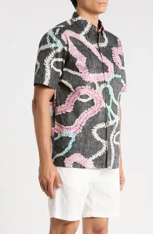 KAHALA Lei Aloha Short Sleeve Cotton Button-down Shirt - Black