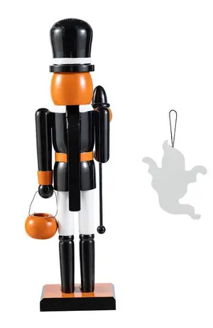 GLITZHOME Halloween Wooden Pumpkin Nutcracker With Ghost Ornament