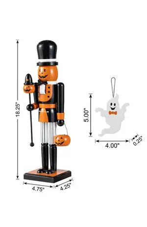 GLITZHOME Halloween Wooden Pumpkin Nutcracker With Ghost Ornament