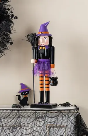 GLITZHOME Halloween Wooden Witch Nutcracker With Witch Cat Ornament