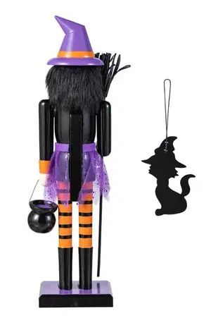 GLITZHOME Halloween Wooden Witch Nutcracker With Witch Cat Ornament