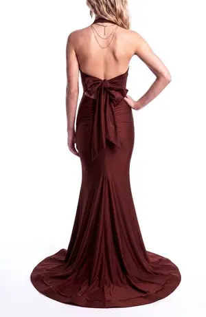 JESSICA ANGEL Open-back Halter Mermaid Gown With Bow Detail - Brown