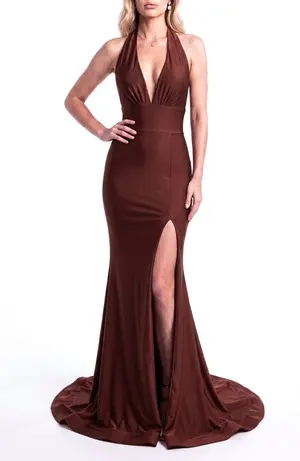 JESSICA ANGEL Open-back Halter Mermaid Gown With Bow Detail - Brown